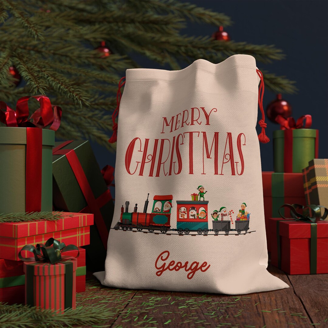 Canvas Christmas Gift Bag, Personalized Train Design, Eco Friendly ...