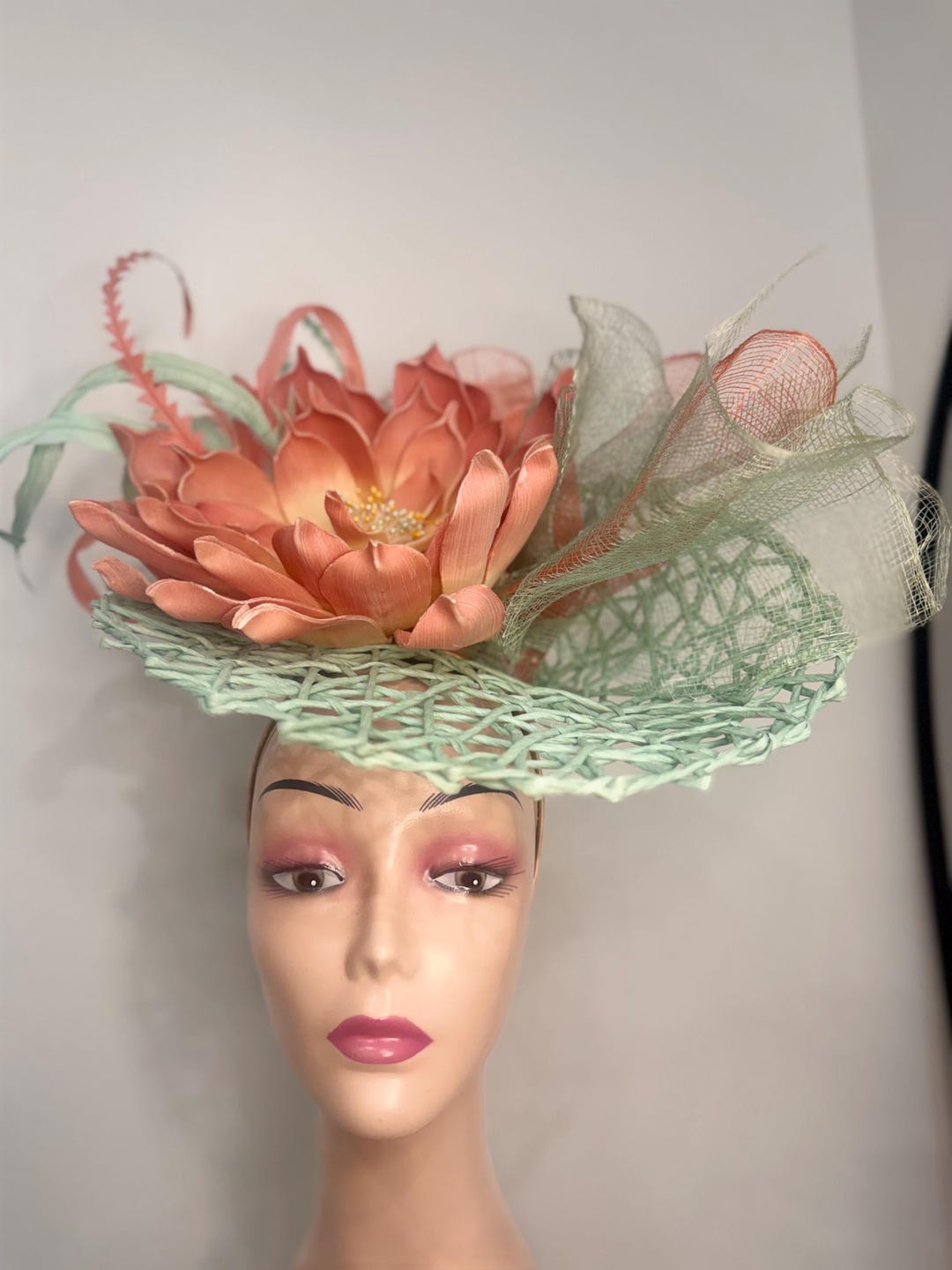 Turquoise and Coral Couture Fascinator – Feather and Abaca Headpiece - Etsy