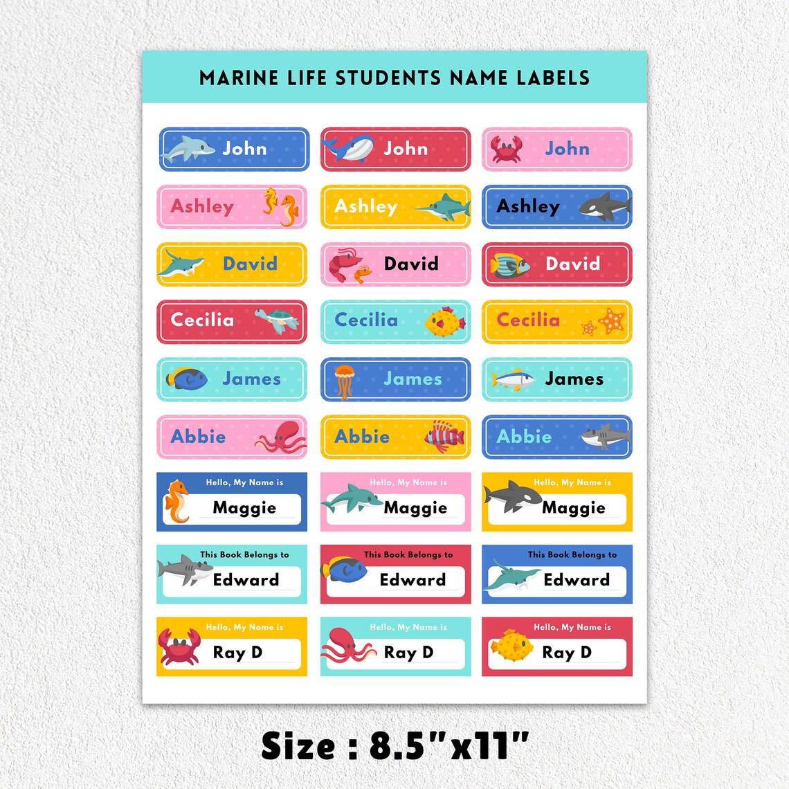 Marine Life Student Name Labels Preschool Name Tag Cubby - Etsy