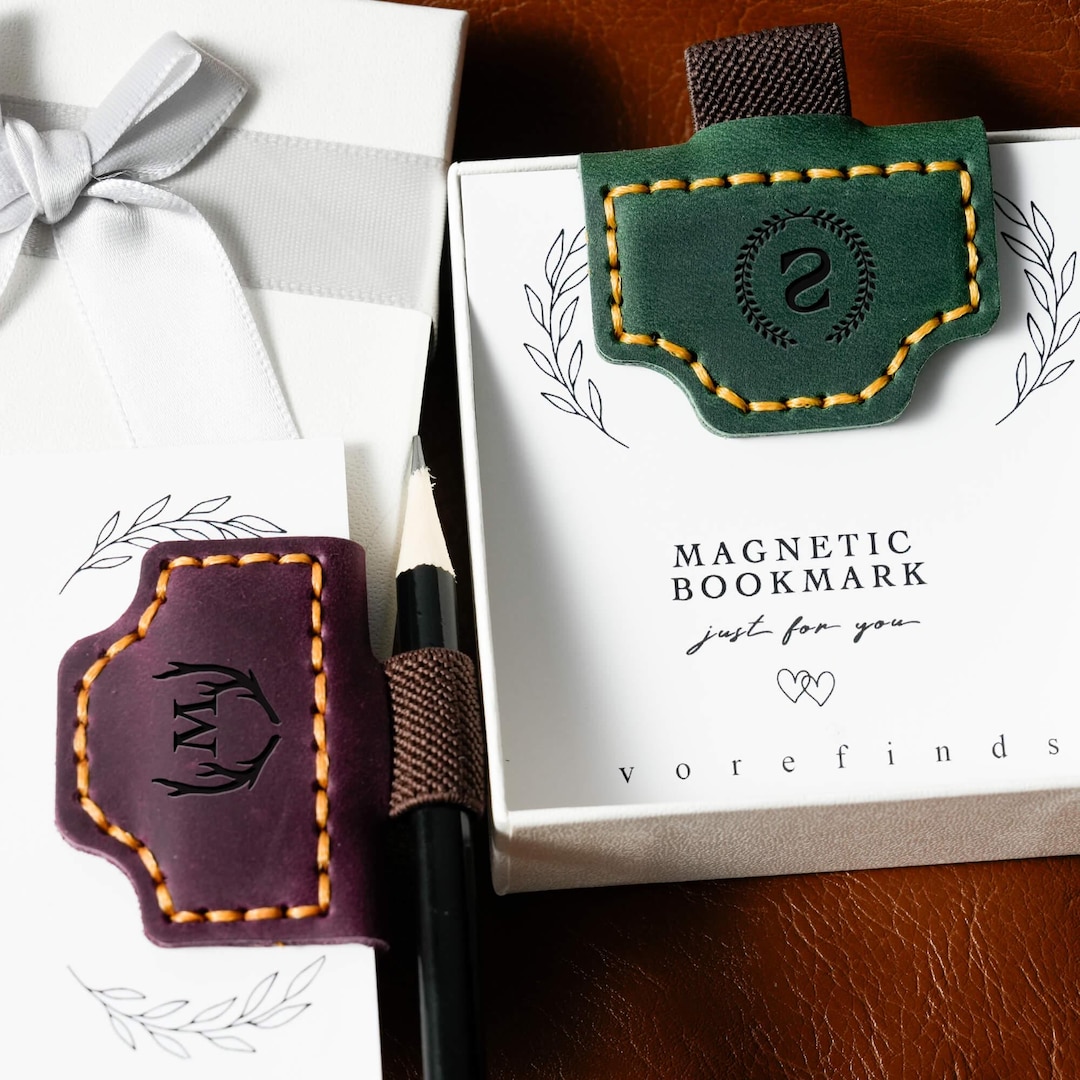 Personalized Leather Magnetic Bookmark With Pen Clip, Engraved Reader ...