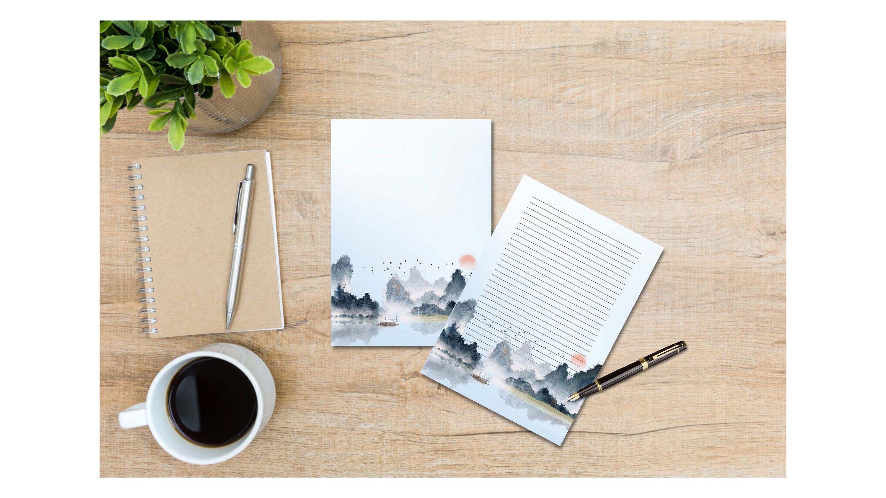 Printable Watercolor Trees on a Lake Letter Writing Paper, Printable ...