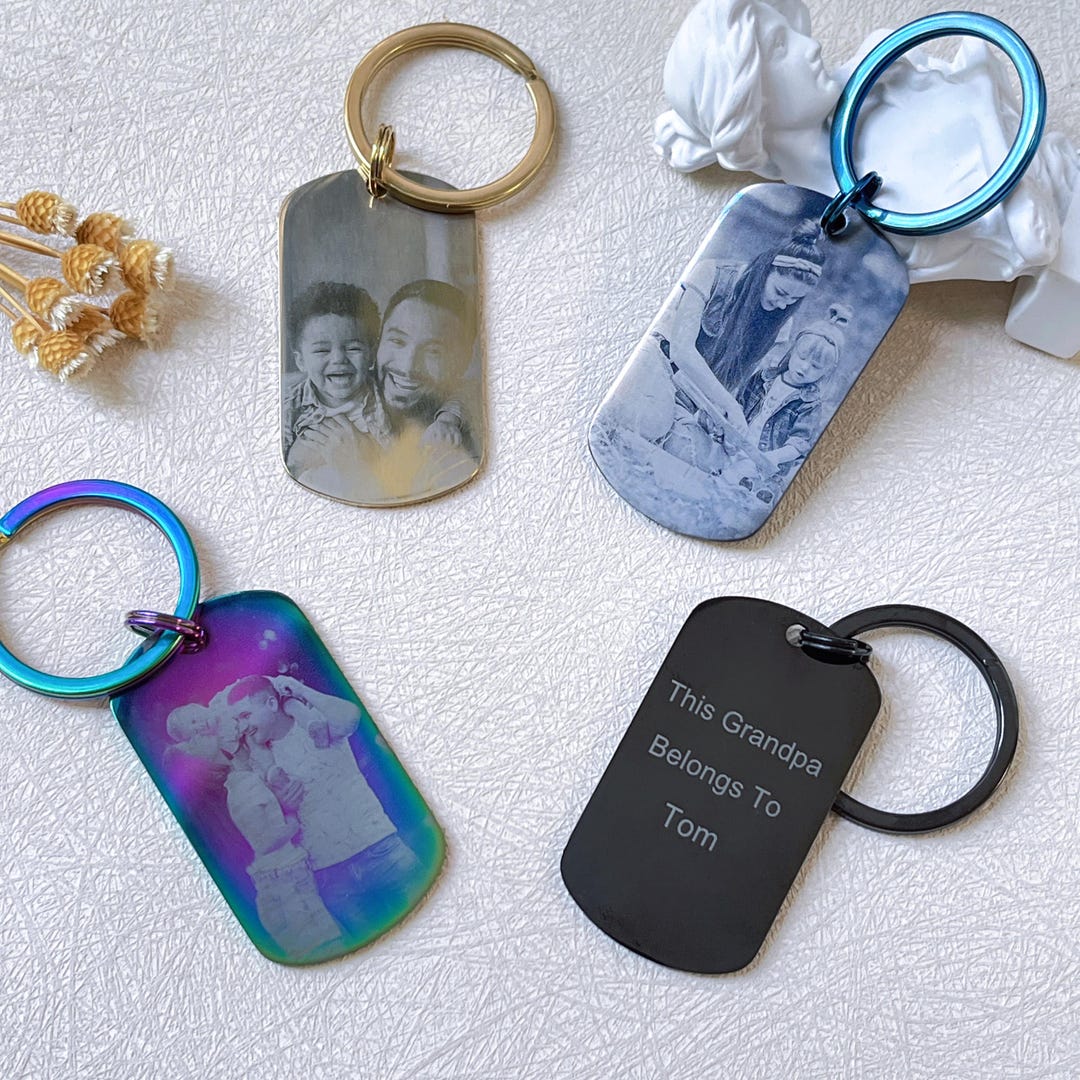 Custom Dog Tag Keychain - Personalized Engraved Photo + Text - Family ...