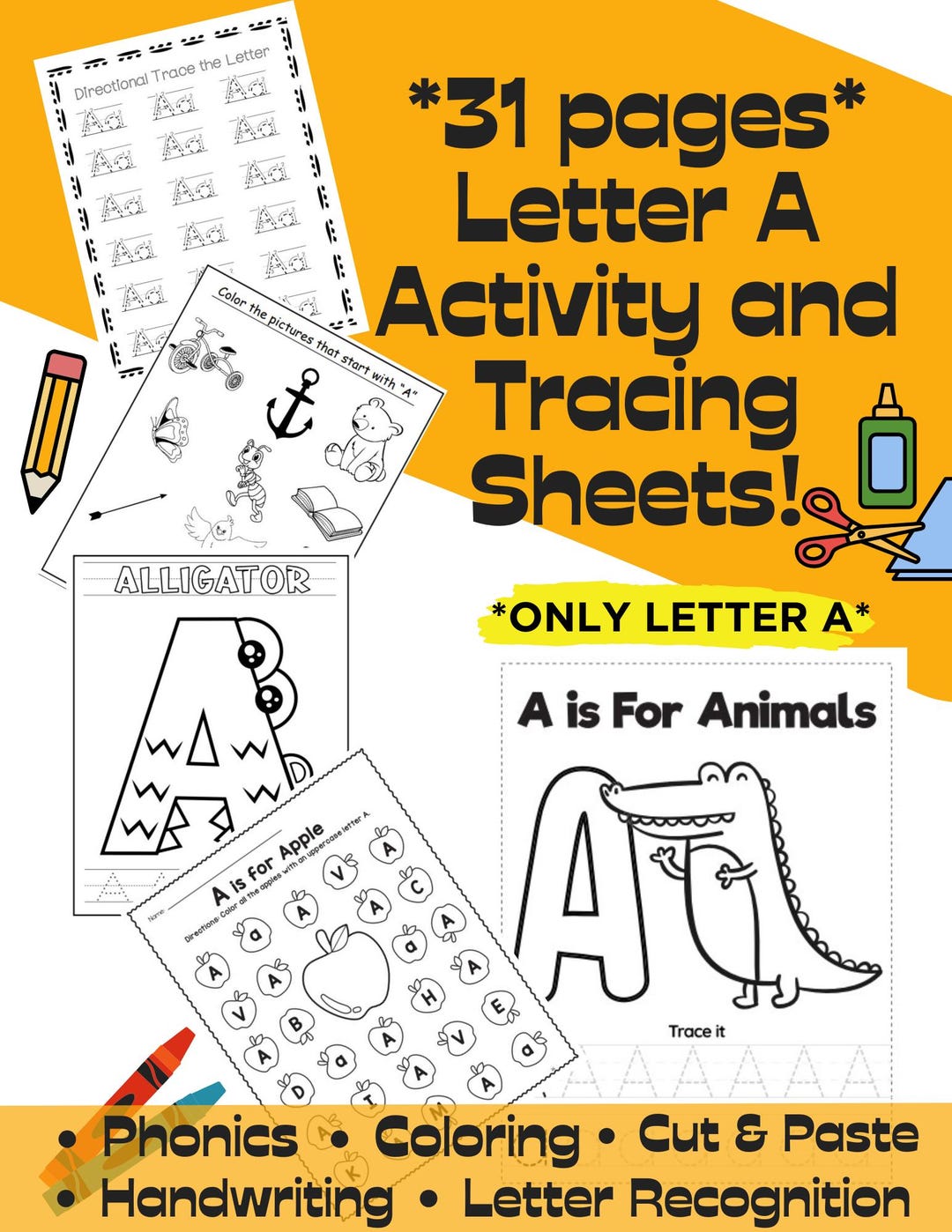 Letter A Tracing and Activity Worksheets! **only Letter A** - Etsy