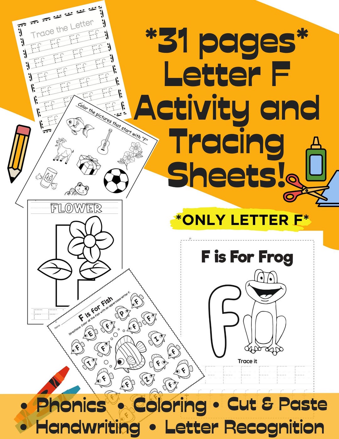 Letter F Tracing and Activity Worksheets! **only Letter F** - Etsy
