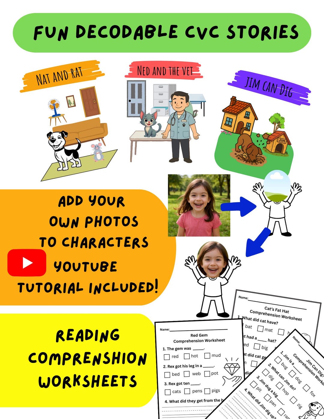 Fun Editable CVC Stories, Reading and Comprehension, Decodable Books ...