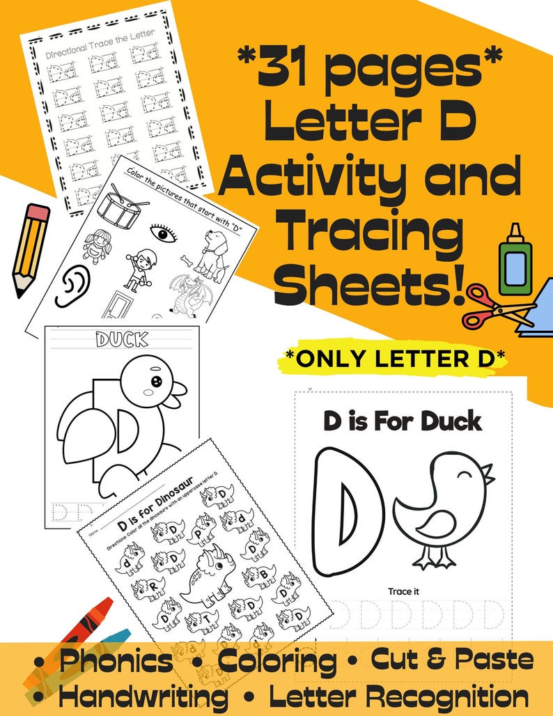 Letter D Tracing and Activity Worksheets! **only Letter D** - Etsy