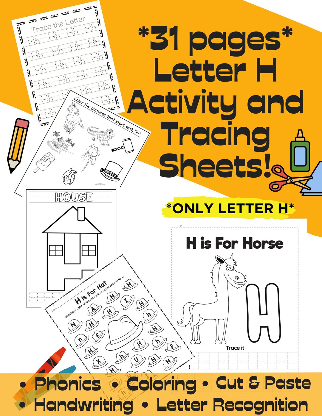 Letter H Tracing and Activity Worksheets! **only Letter H** - Etsy