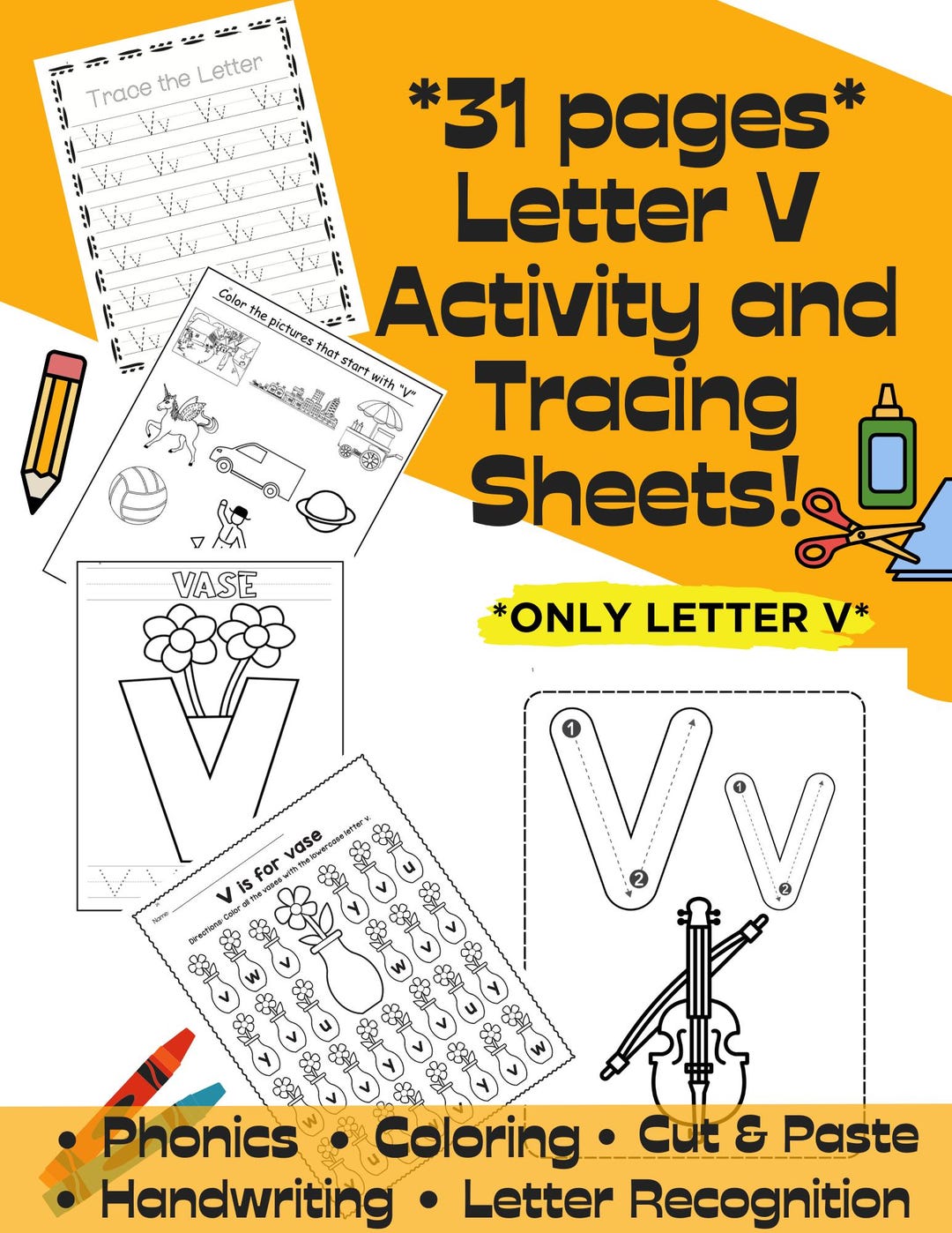 Letter V Tracing and Activity Worksheets! **only Letter V** - Etsy