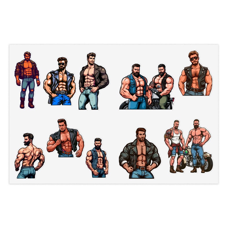 10 Stickers Sheet Leathermen Bikers Muscular Handsome Gay Queer Decals ...