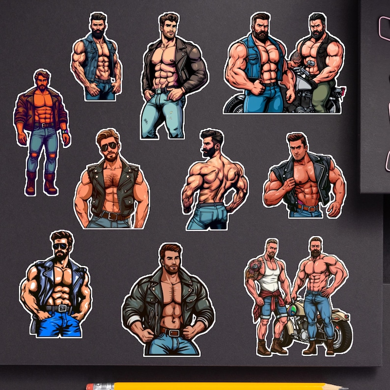 10 Stickers Sheet Leathermen Bikers Muscular Handsome Gay Queer Decals ...