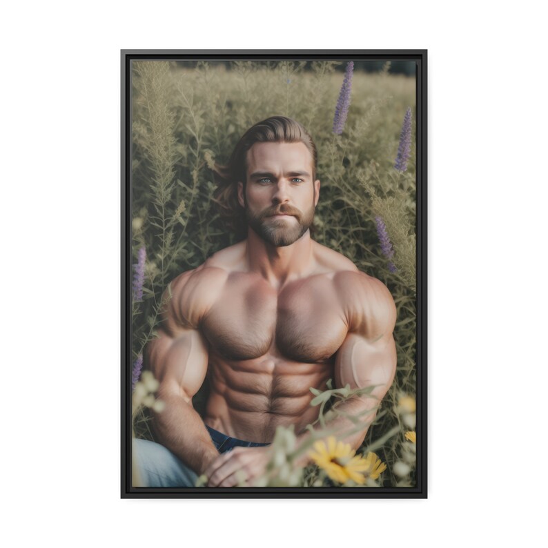 Matte Canvas, Black Frame Men in Fields of Wildflowers Collection Male Muscular Nude Man AI ...