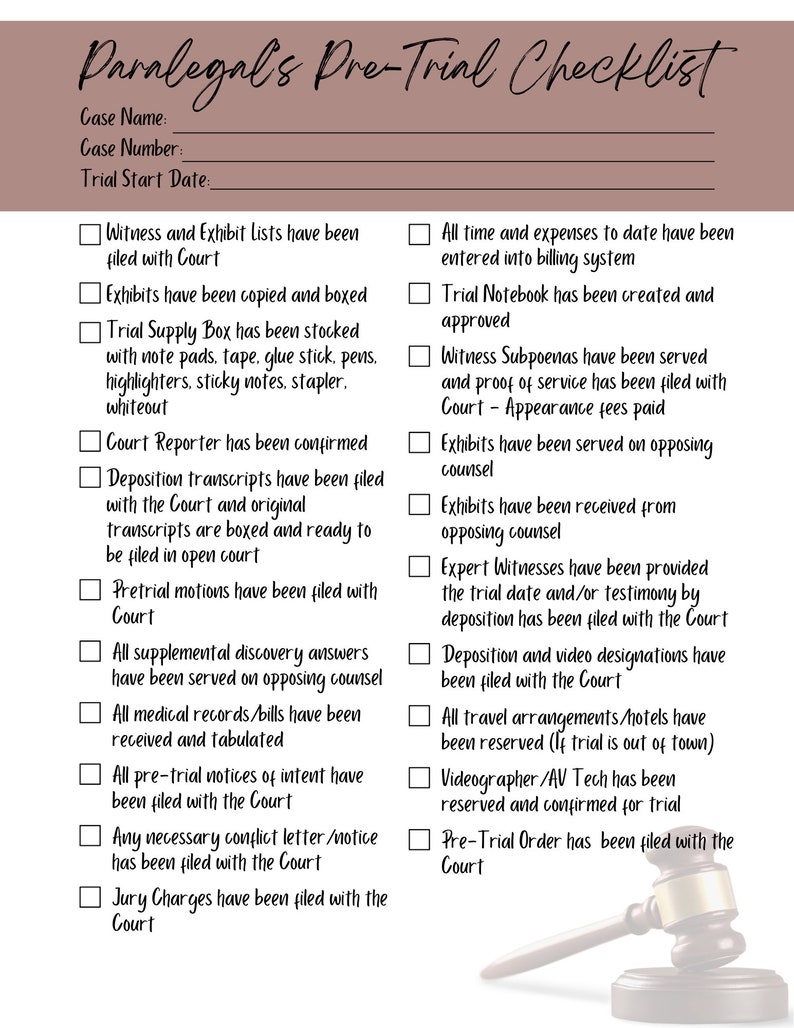 Paralegal's Pre-trial Checklist - Etsy