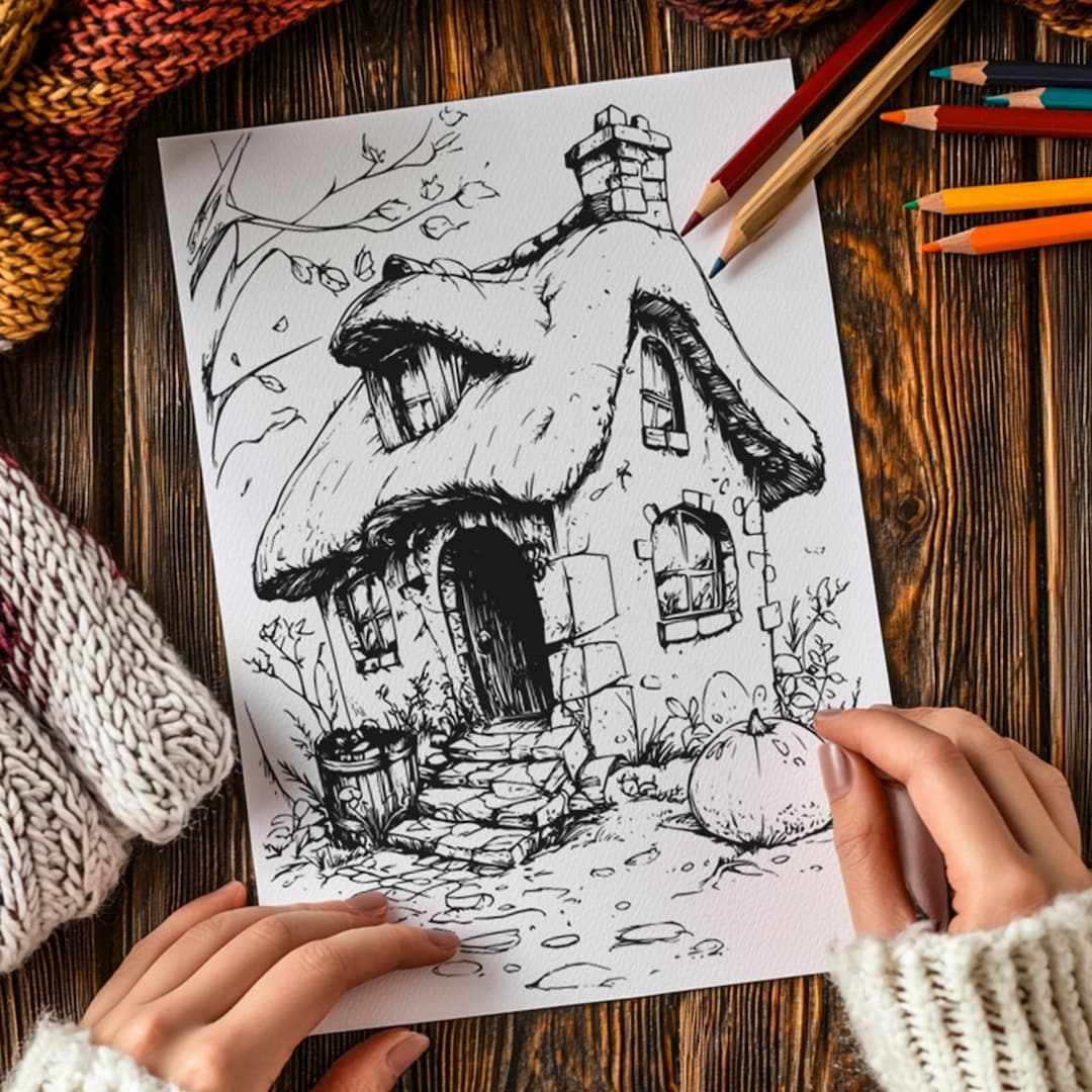 Autumn Cottage Coloring Pages for Adults | 6 Printable Fall Coloring ...