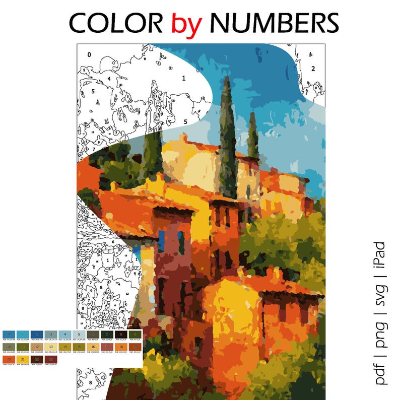 Tuscany Houses Color by Numbers: Italy Printable Pages (PDF, SVG, PNG ...