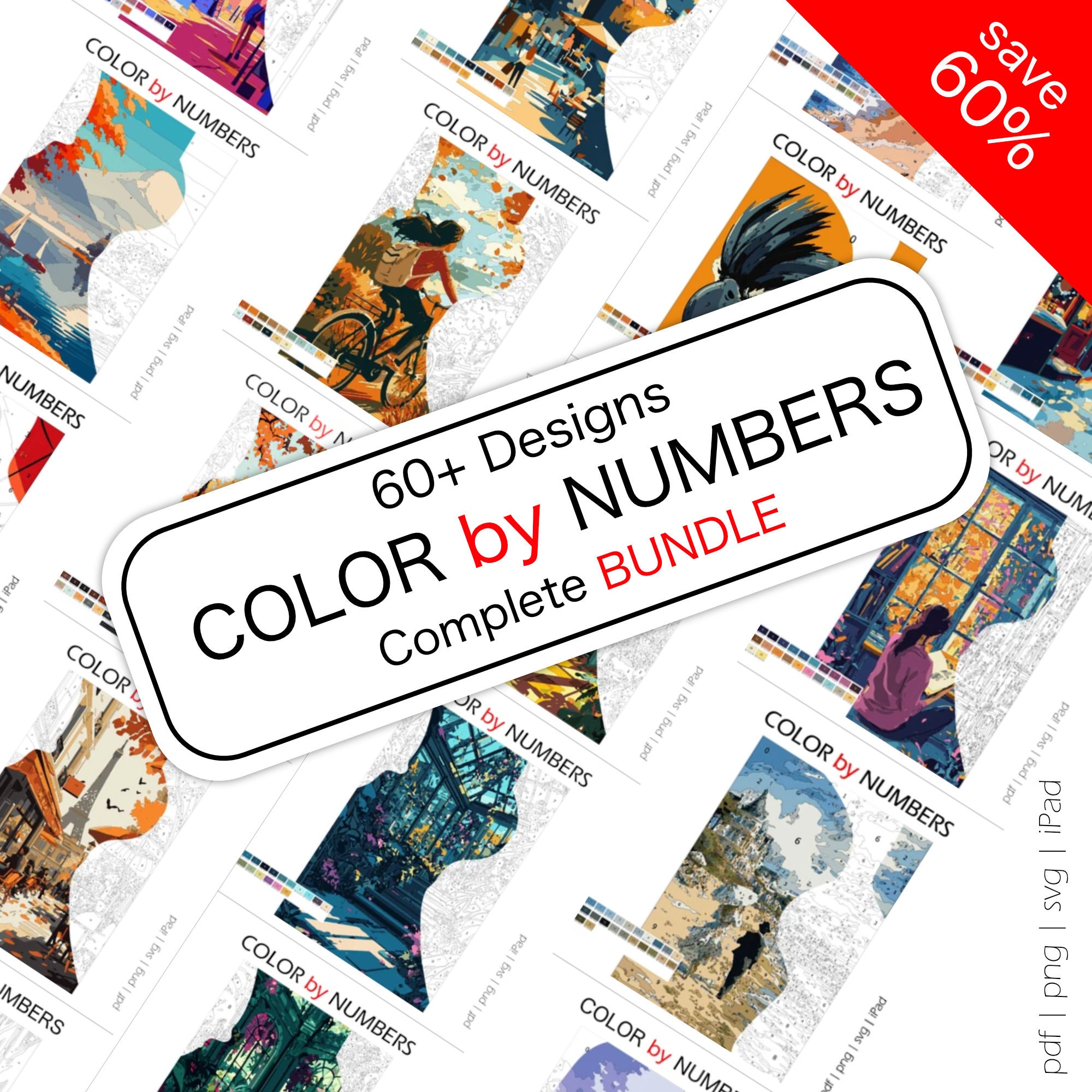 Color by Numbers Bundle: 60+ Digital Coloring Designs (PDF, SVG, PNG ...