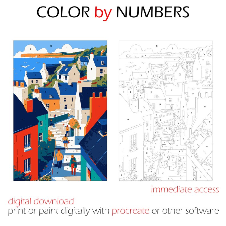 Easy Color by Numbers for Adults | Irish Town| Printable Paint by ...
