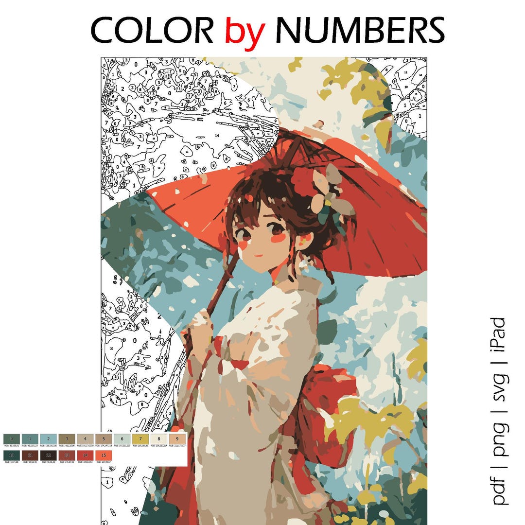 Color by Numbers for Adults | Anime Girl With Umbrella Printable Paint ...