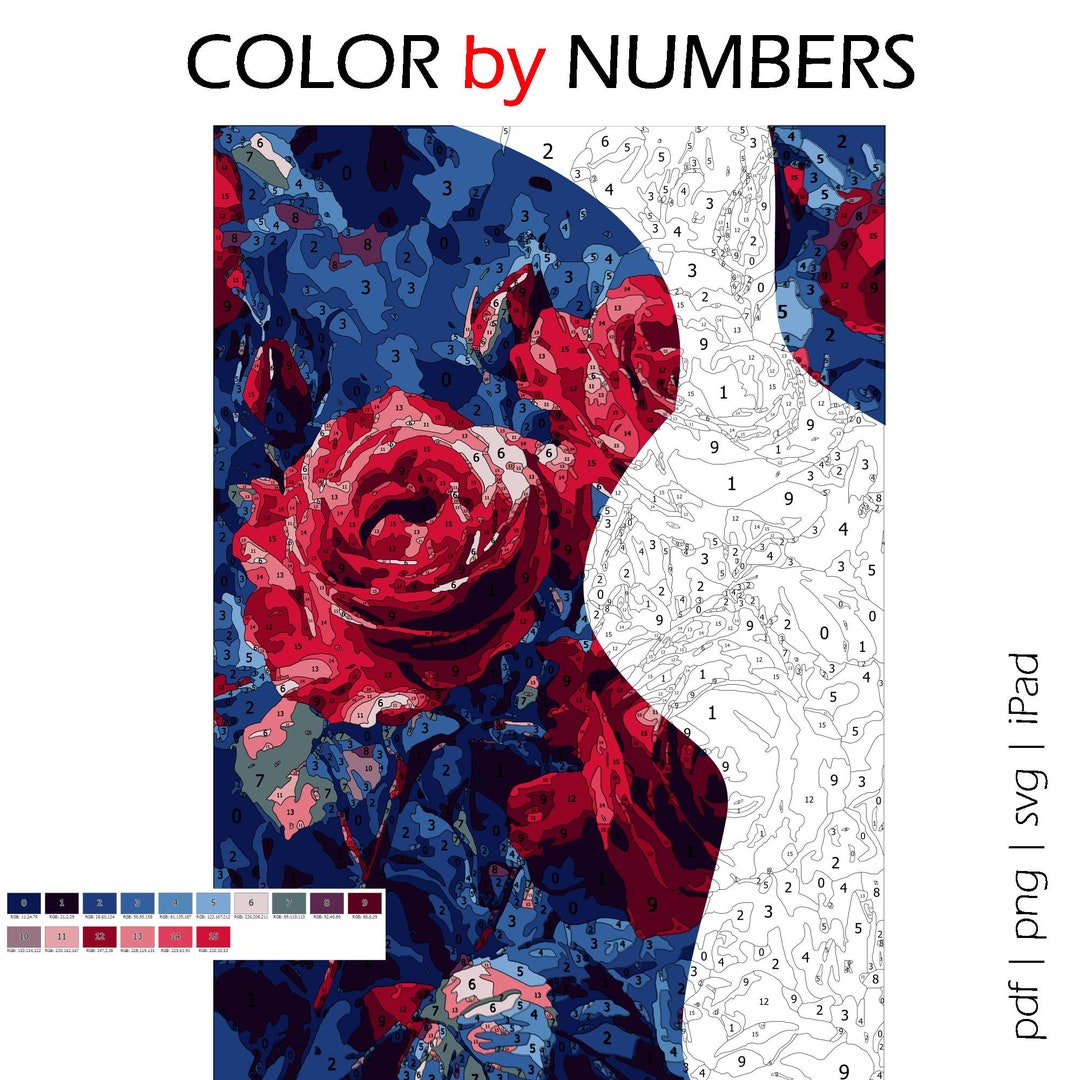 Color by Numbers for Adults | Red Roses | Printable Paint by Numbers ...