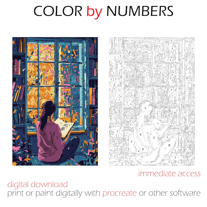 Color by Numbers for Adults | Cozy Library | Printable Paint by Numbers ...