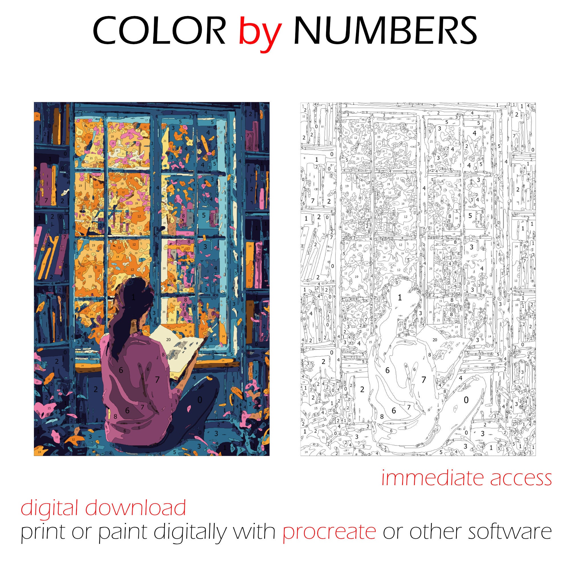 Color by Numbers for Adults | Cozy Library | Printable Paint by Numbers ...