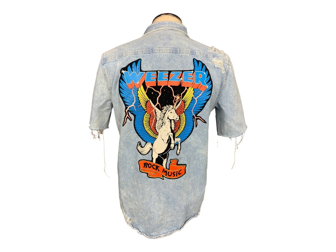 Weezer Back Patch Denim Shirt Rework Upcycled Sustainable Rock Band ...