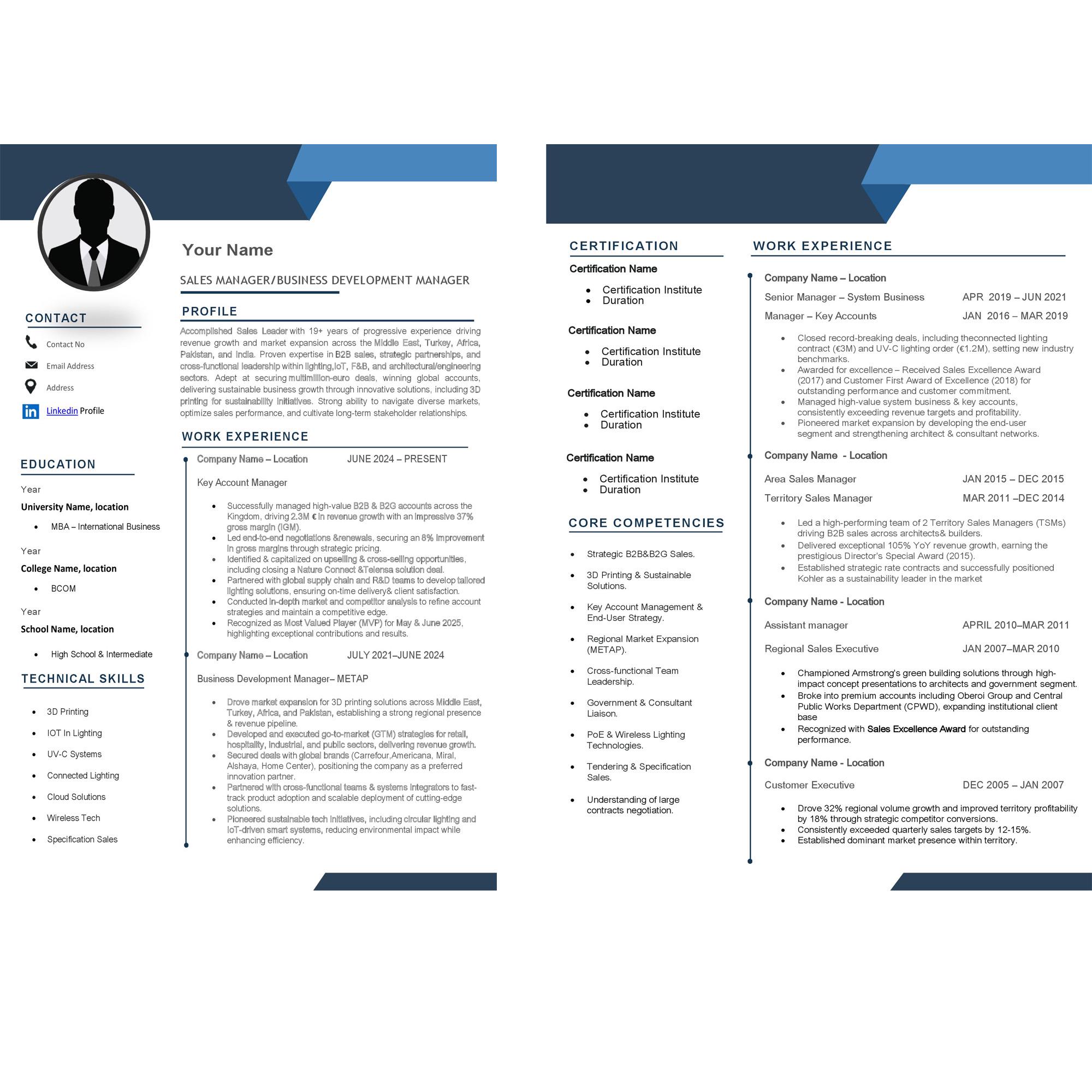 Sales Manager Resume Template | German CV, Word PDF Download - Etsy