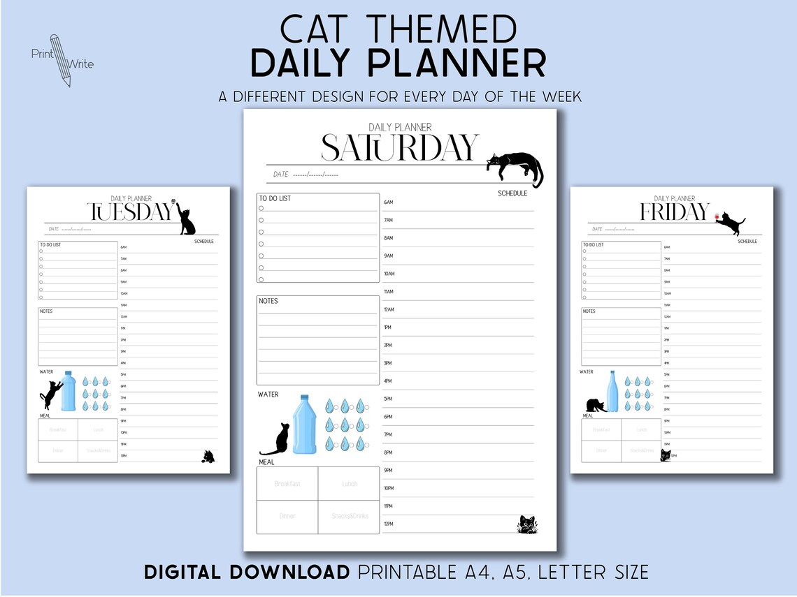 Cat Themed Daily Planner.undated Simple Planner Pages With Different ...