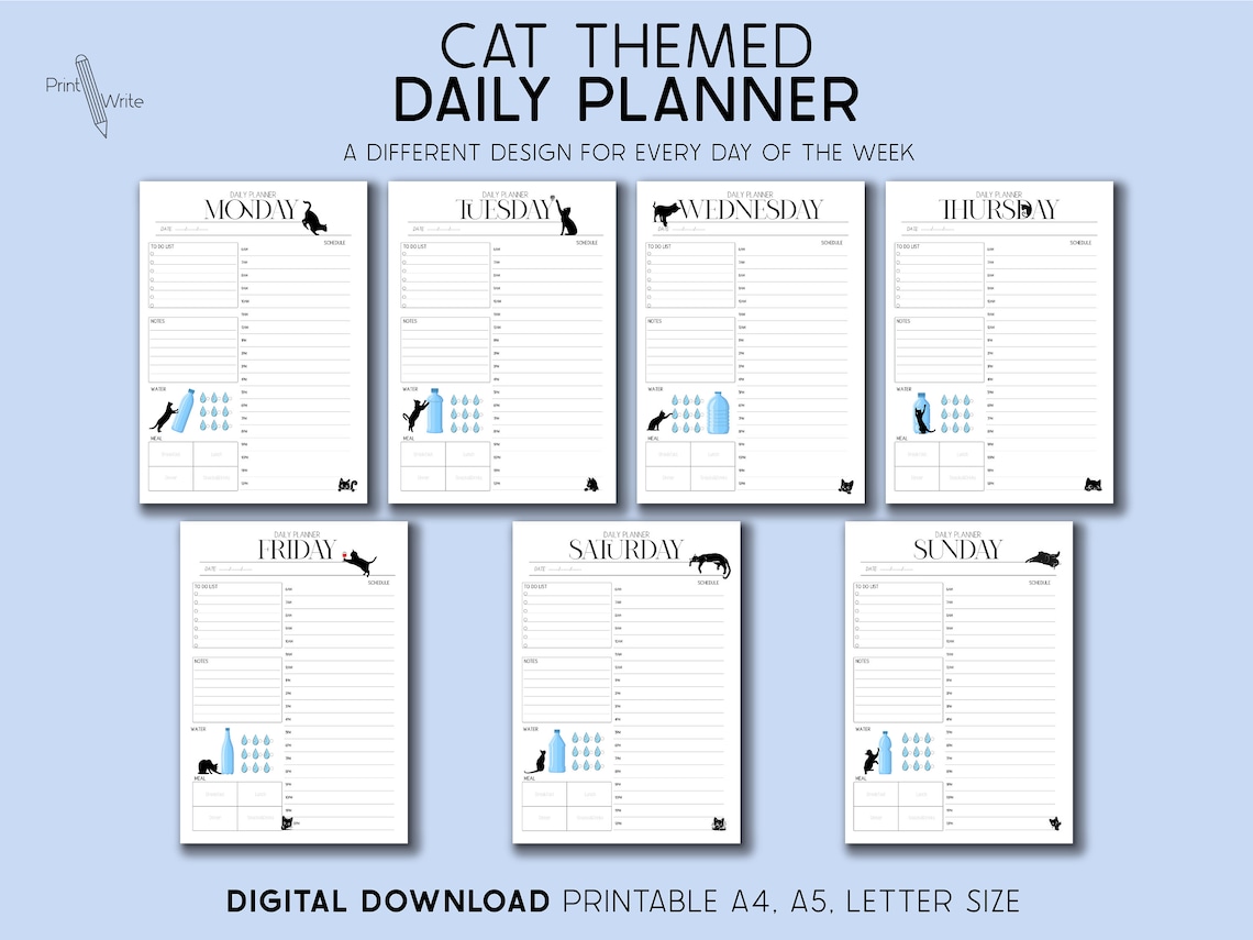 Cat Themed Daily Planner.undated Simple Planner Pages With Different ...