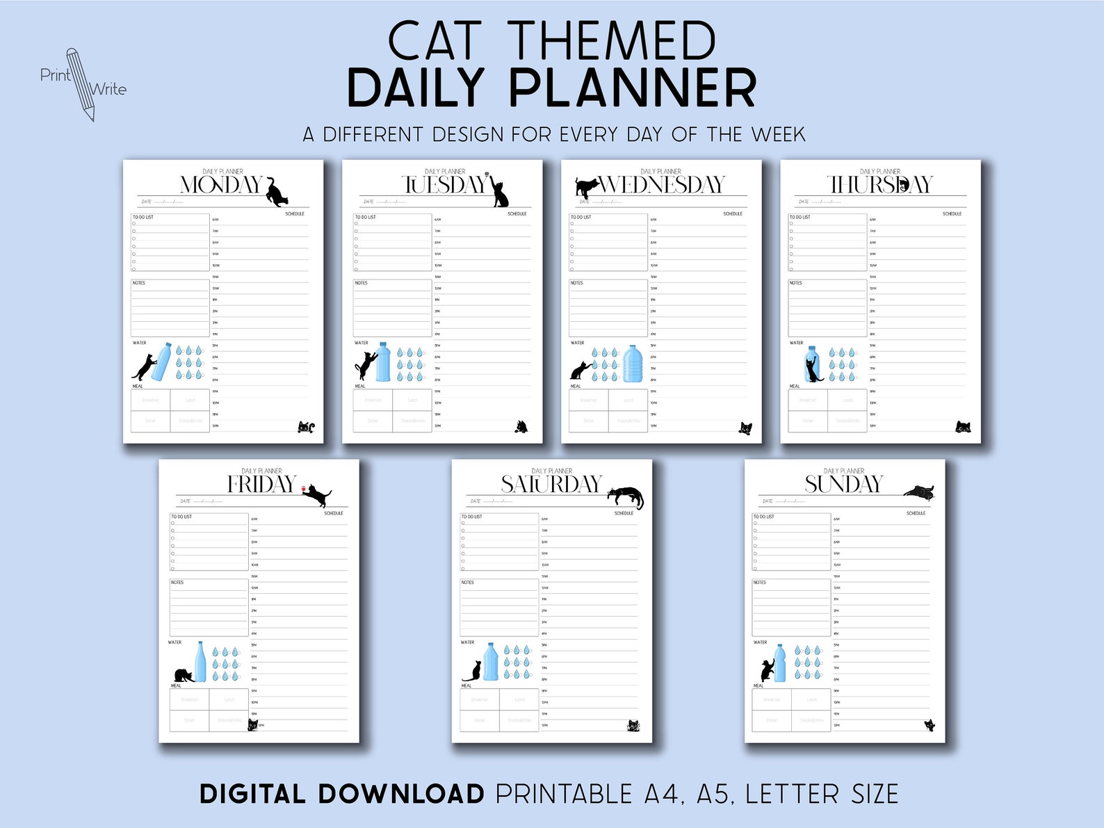 Cat Themed Daily Planner.undated Simple Planner Pages With Different ...