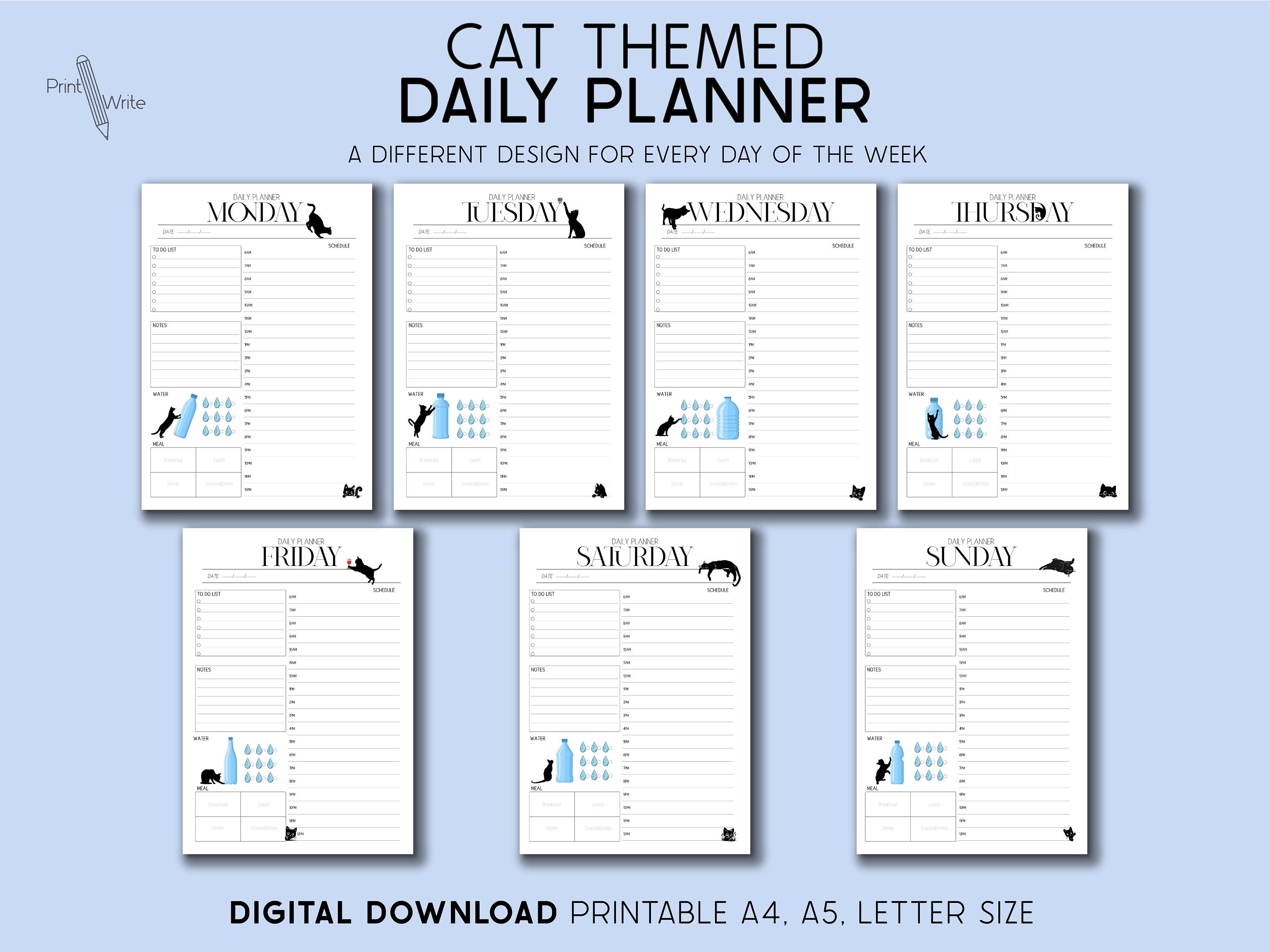 Cat Themed Daily Planner.undated Simple Planner Pages With Different ...