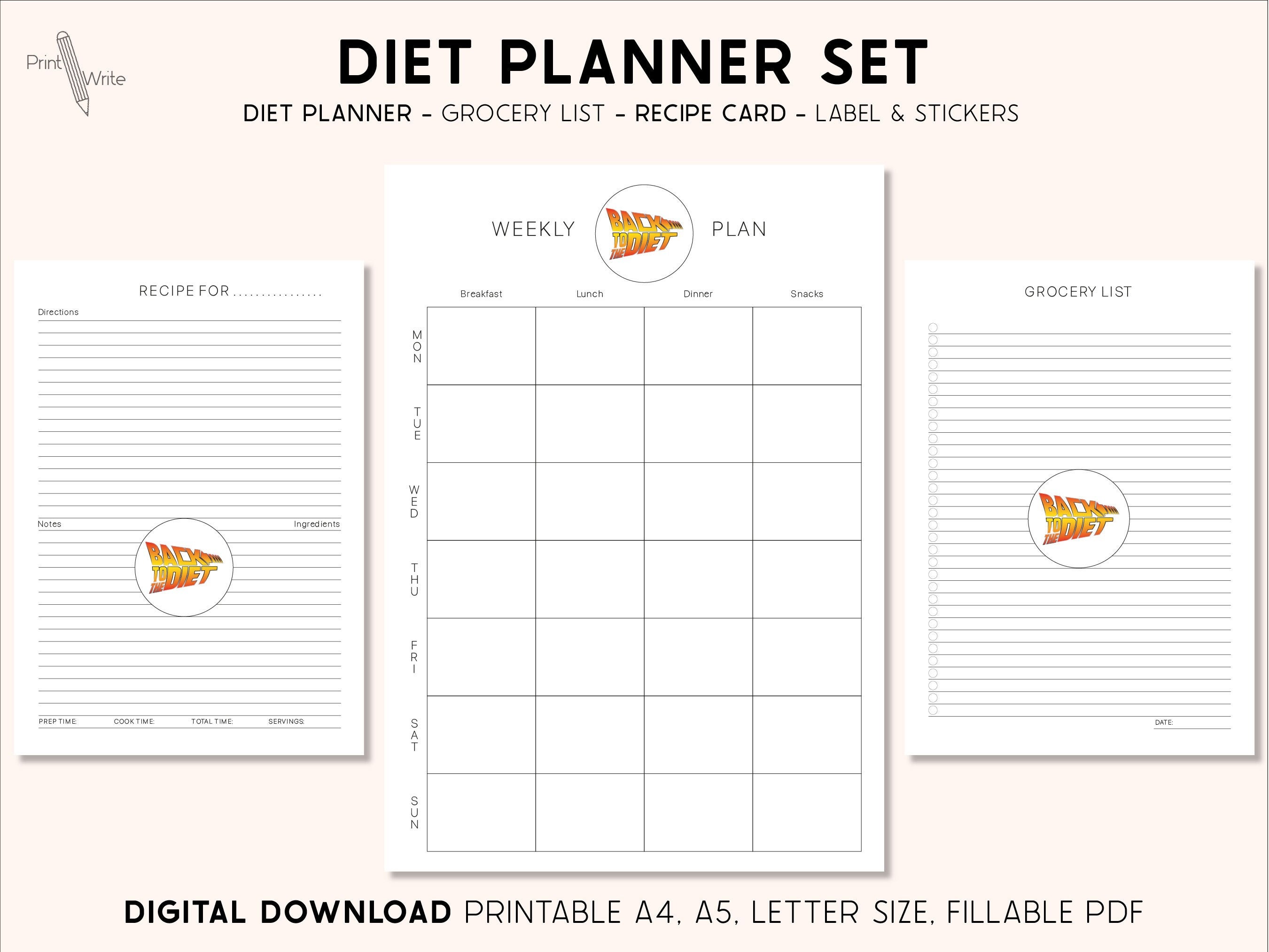 Weekly Diet Meal Planner, Grocery List, Recipe Card, Food Labels ...