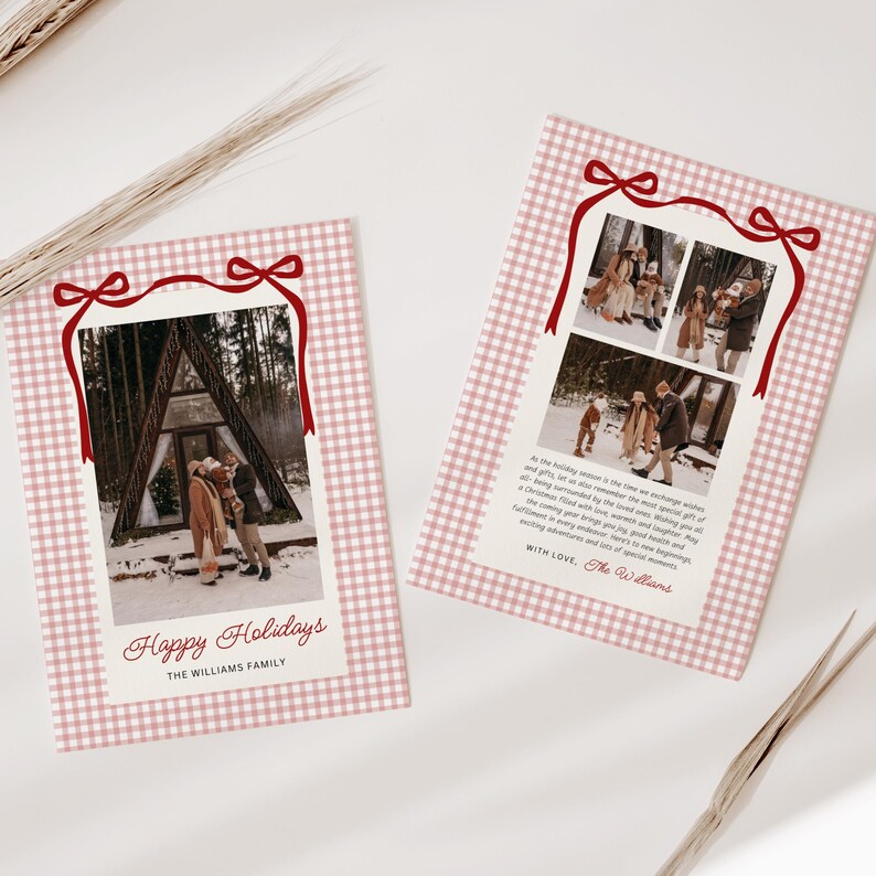 Christmas Family Photo Card Template, Printable Holiday Card With Bow ...