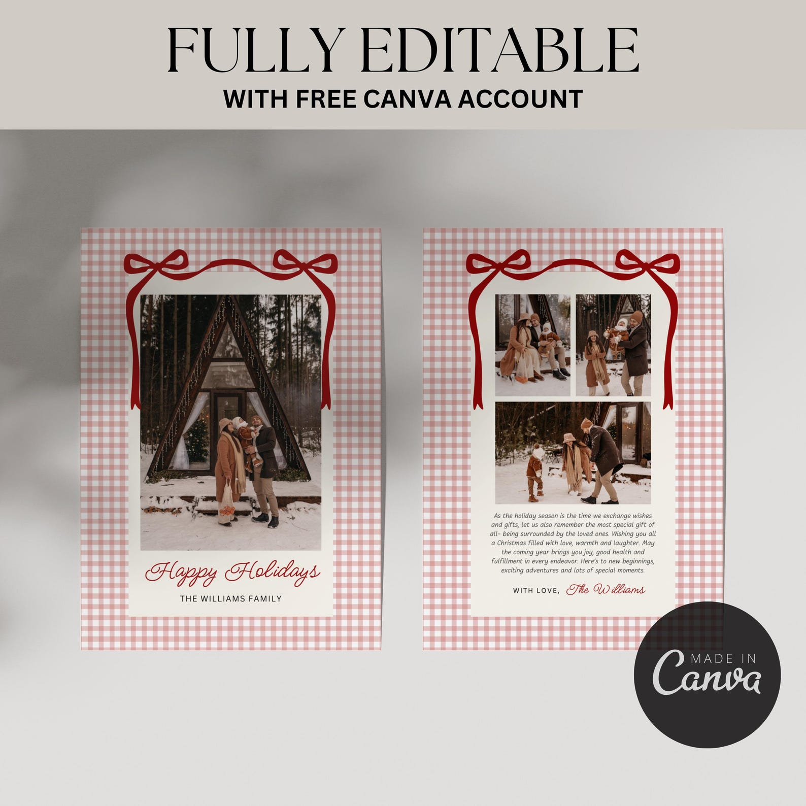 Christmas Family Photo Card Template, Printable Holiday Card With Bow ...