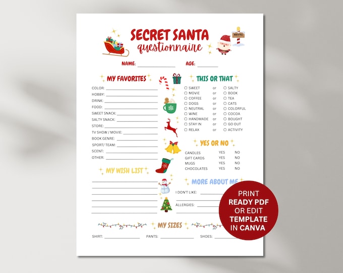 Secret Santa Questionnaire Editable Template for Holiday Party Coworker ...