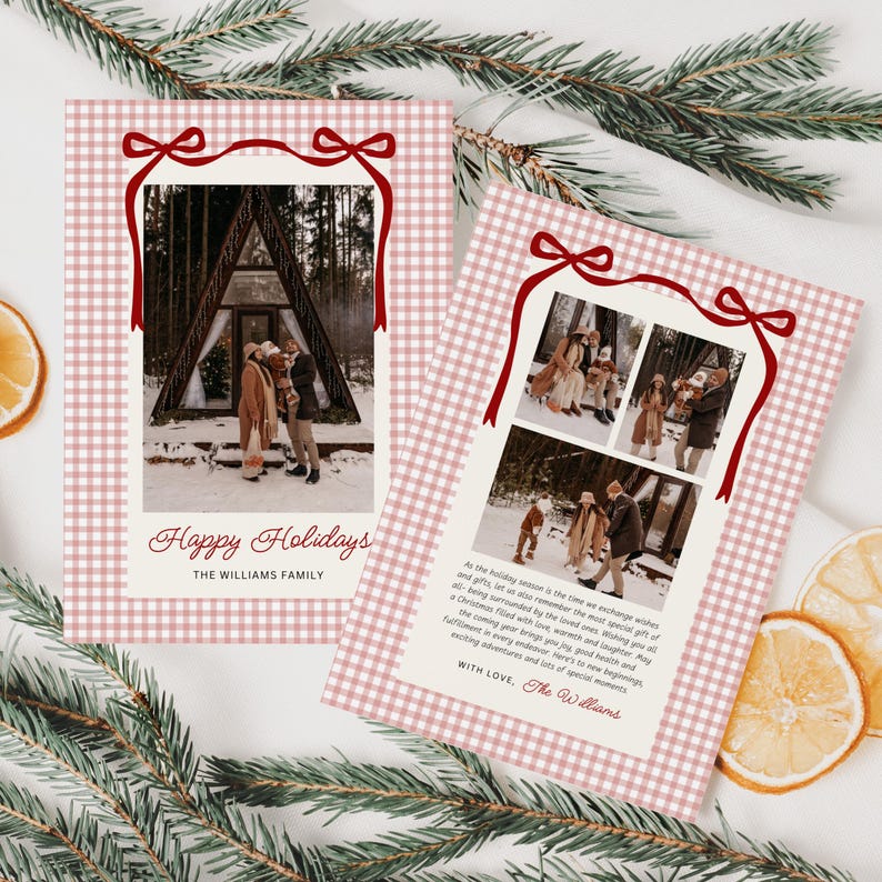 Christmas Family Photo Card Template, Printable Holiday Card With Bow ...