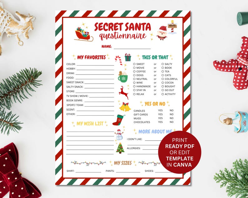 Secret Santa Survey Editable: Printable Christmas Gift Exchange ...