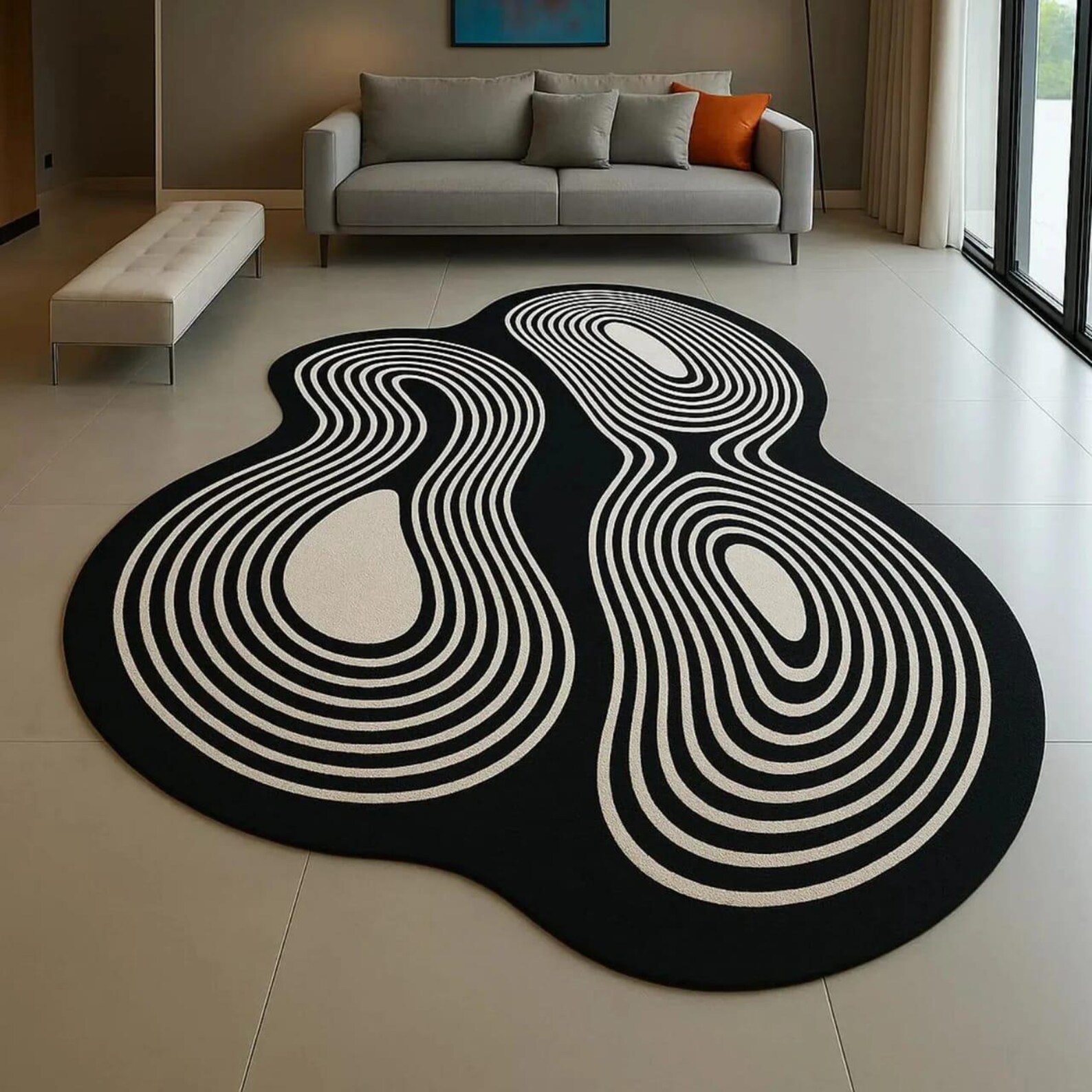 Abstract Black and Beige Area Rug | Wavy Line Pattern Floor Decor - Etsy