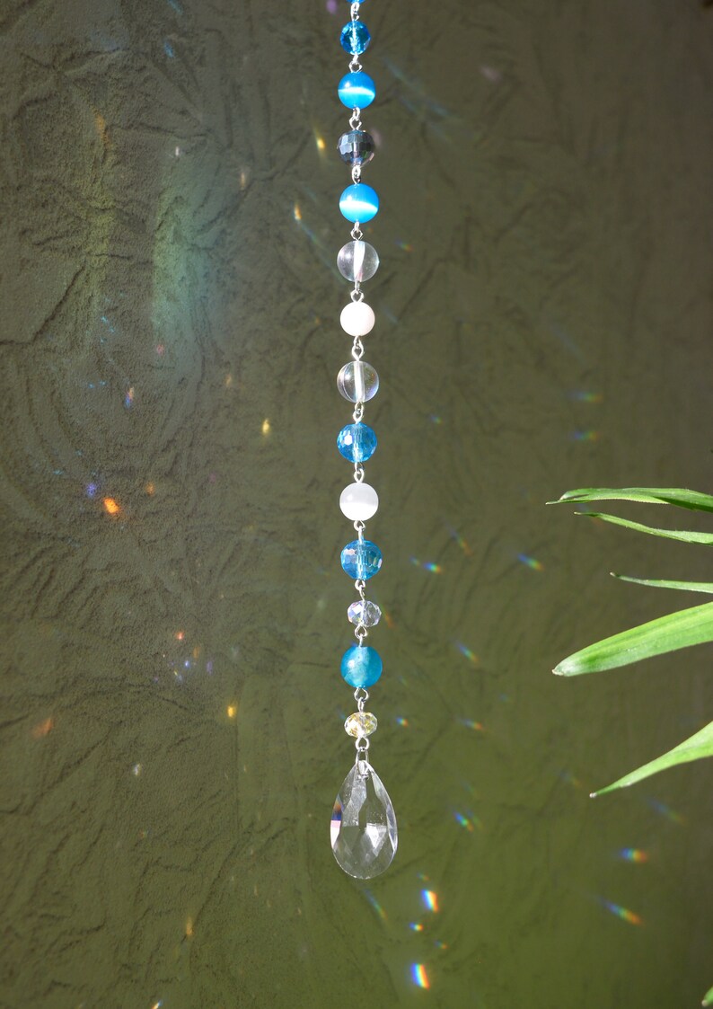 Blue Suncatcher, Blue and White Beaded Window Decor, Rainbow Maker ...