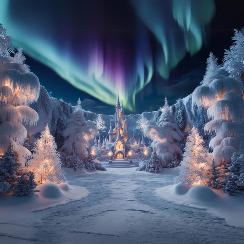 Winter Wonderland With Northern Light Backdrop, Christmas Digital ...