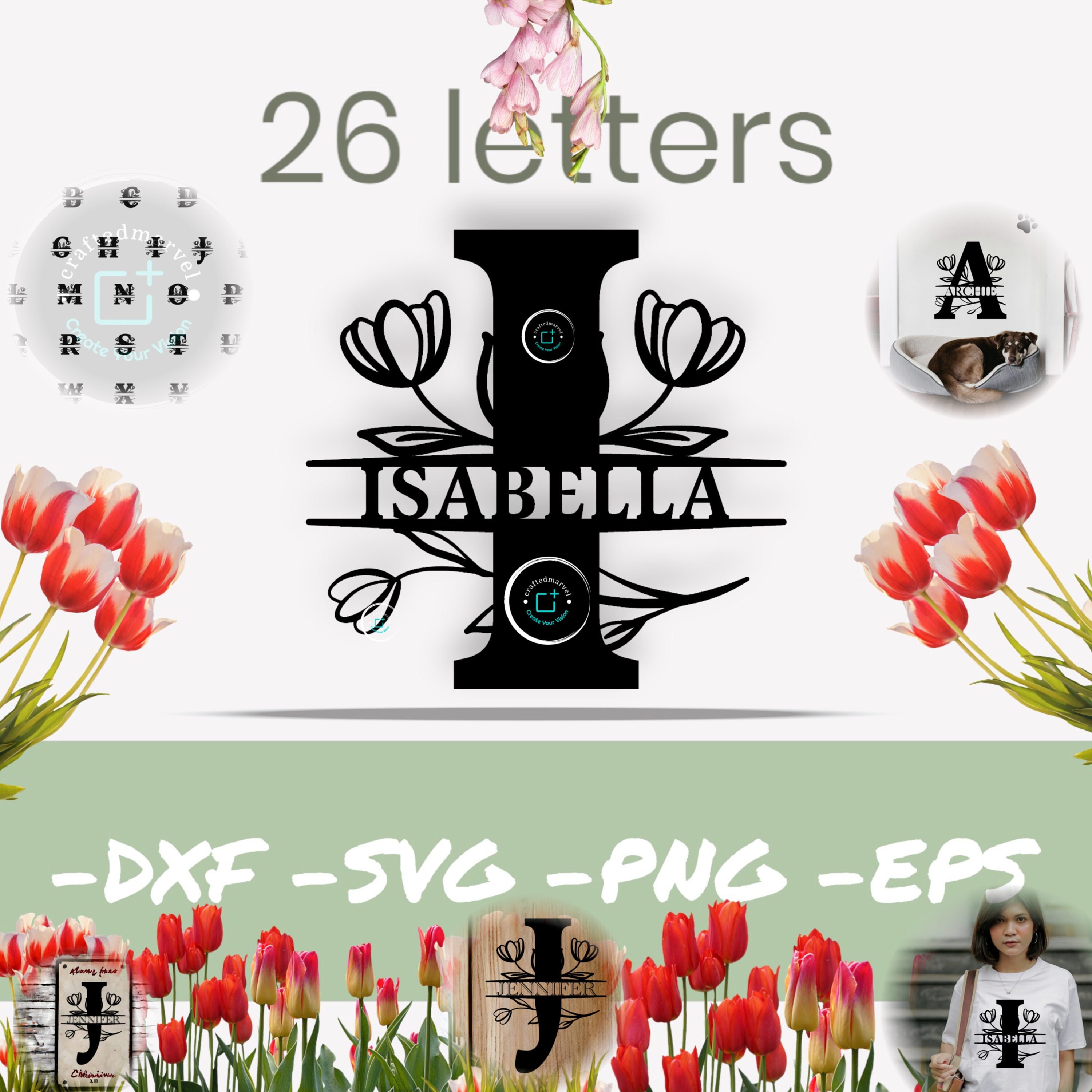 Tulip Letter Font, Split Monogram SVG/DXF/PNG, Split Tulip Alphabet Svg ...
