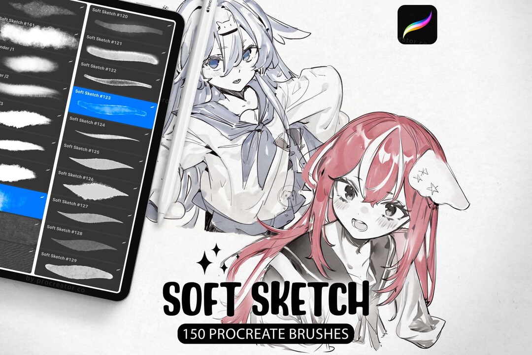 150 Procreate Soft Sketch Brushes + Bonus Brush Set, Line Art & Shading ...