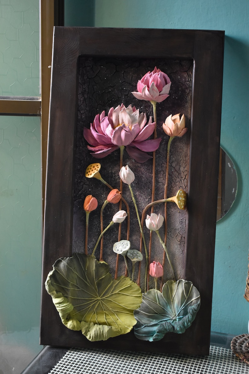 Sculptural Art of Lotus Flowers on Vertical Wooden Frame 1224 - Etsy