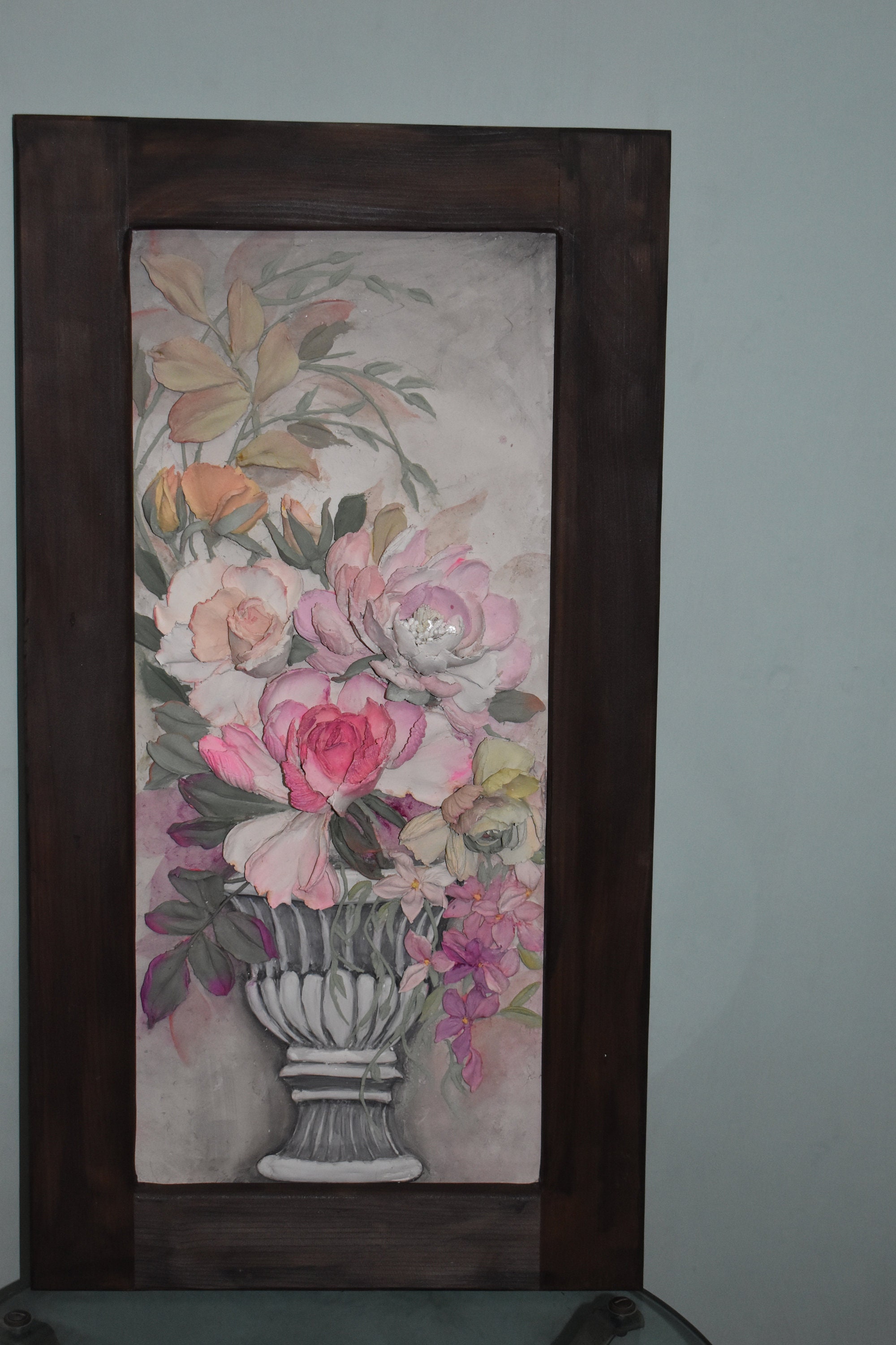 Sculptural Art of Rose Flowers With Vase on Vertical Wooden Frame 1224 ...