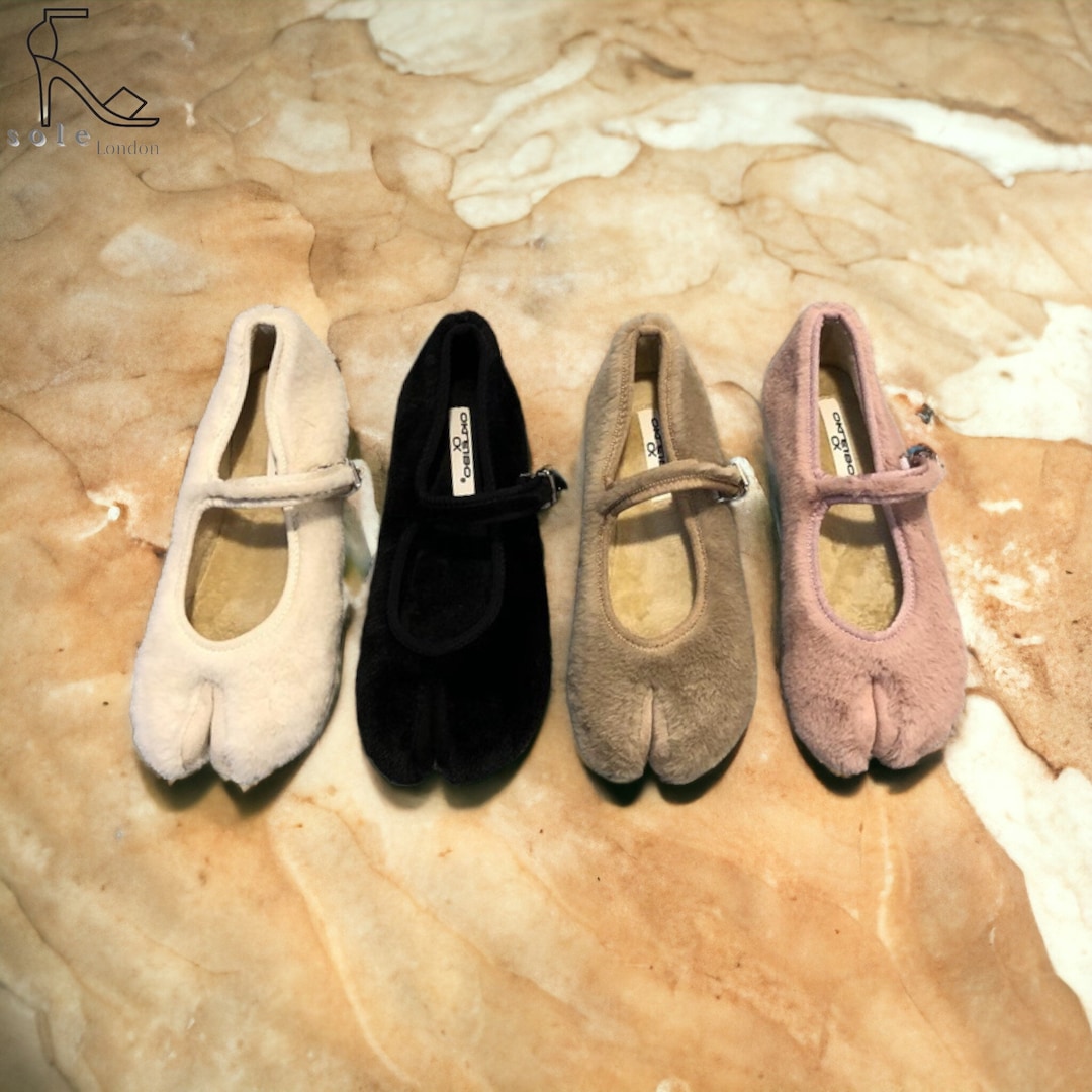 Suede Tabi Flats Fluffy Ballet Split Toe Ankle Strap Slippers - Etsy