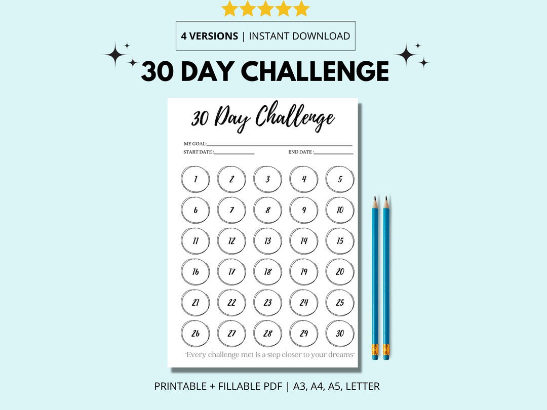 30 Day Challenge Printable Portrait, Goal Setting, Progress Tracker ...