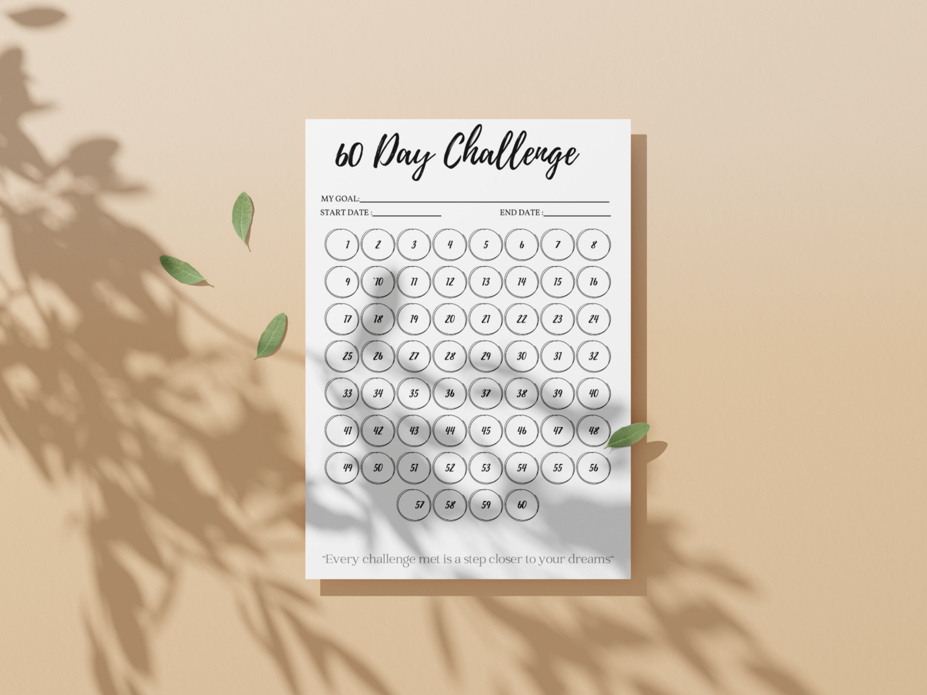 60 Day Challenge Printable Portrait, Goal Setting, Progress Tracker ...