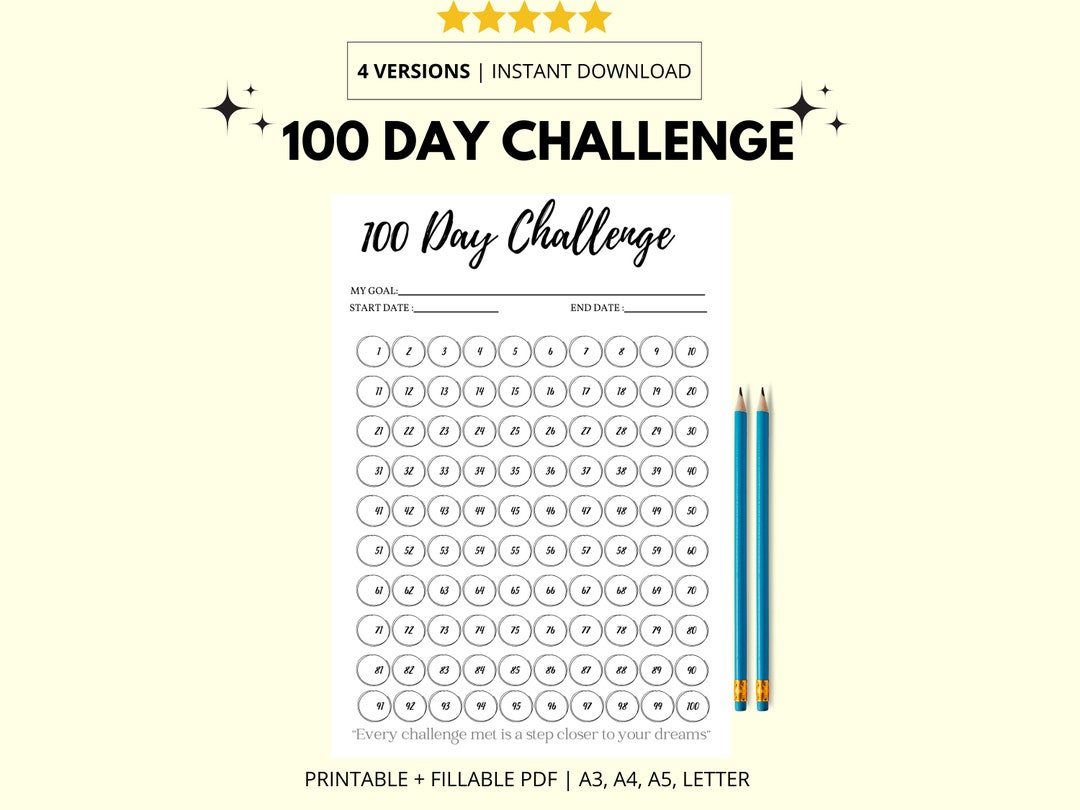 100 Day Challenge Printable Portrait, Goal Setting, Progress Tracker ...