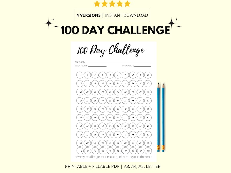 100 Day Challenge Printable Portrait, Goal Setting, Progress Tracker ...