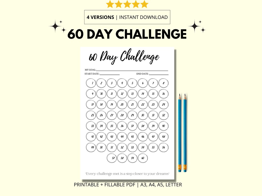 60 Day Challenge Printable Portrait, Goal Setting, Progress Tracker ...