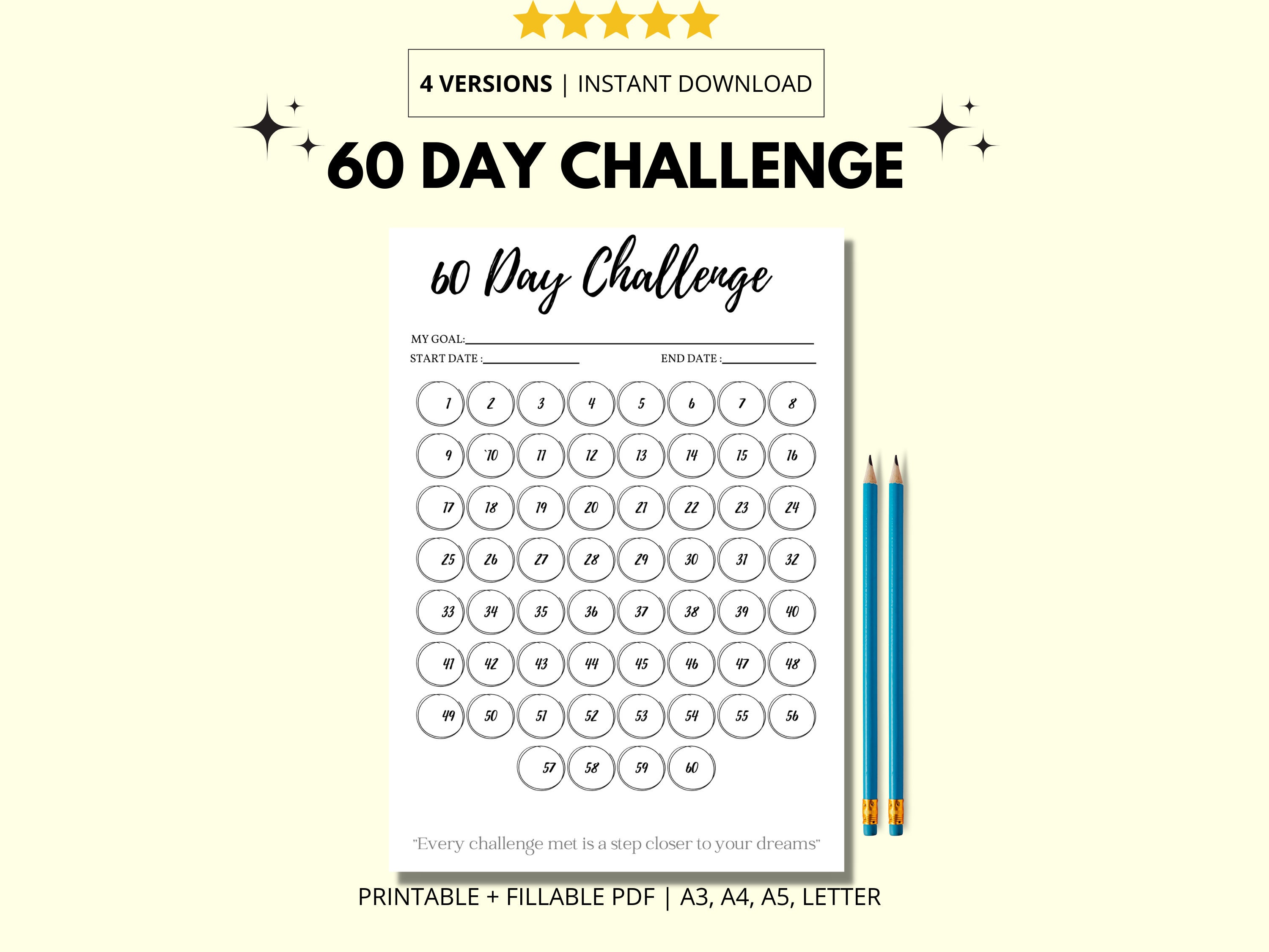 60 Day Challenge Printable Portrait, Goal Setting, Progress Tracker ...